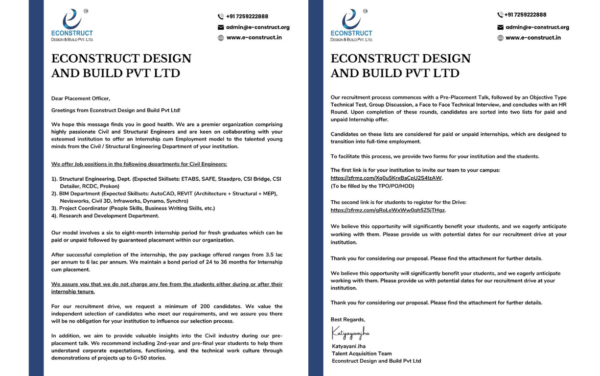 Internship and placement - E-Construct Design & Build Pvt LTD